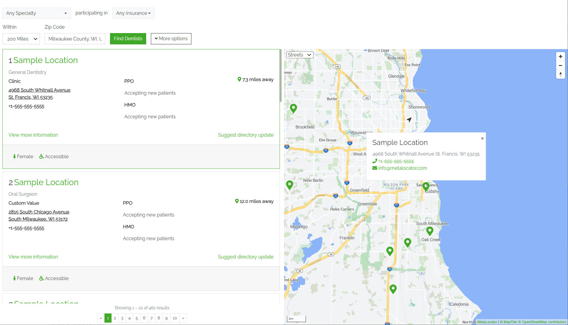 Find a Dentist Locator Example - MetaLocator